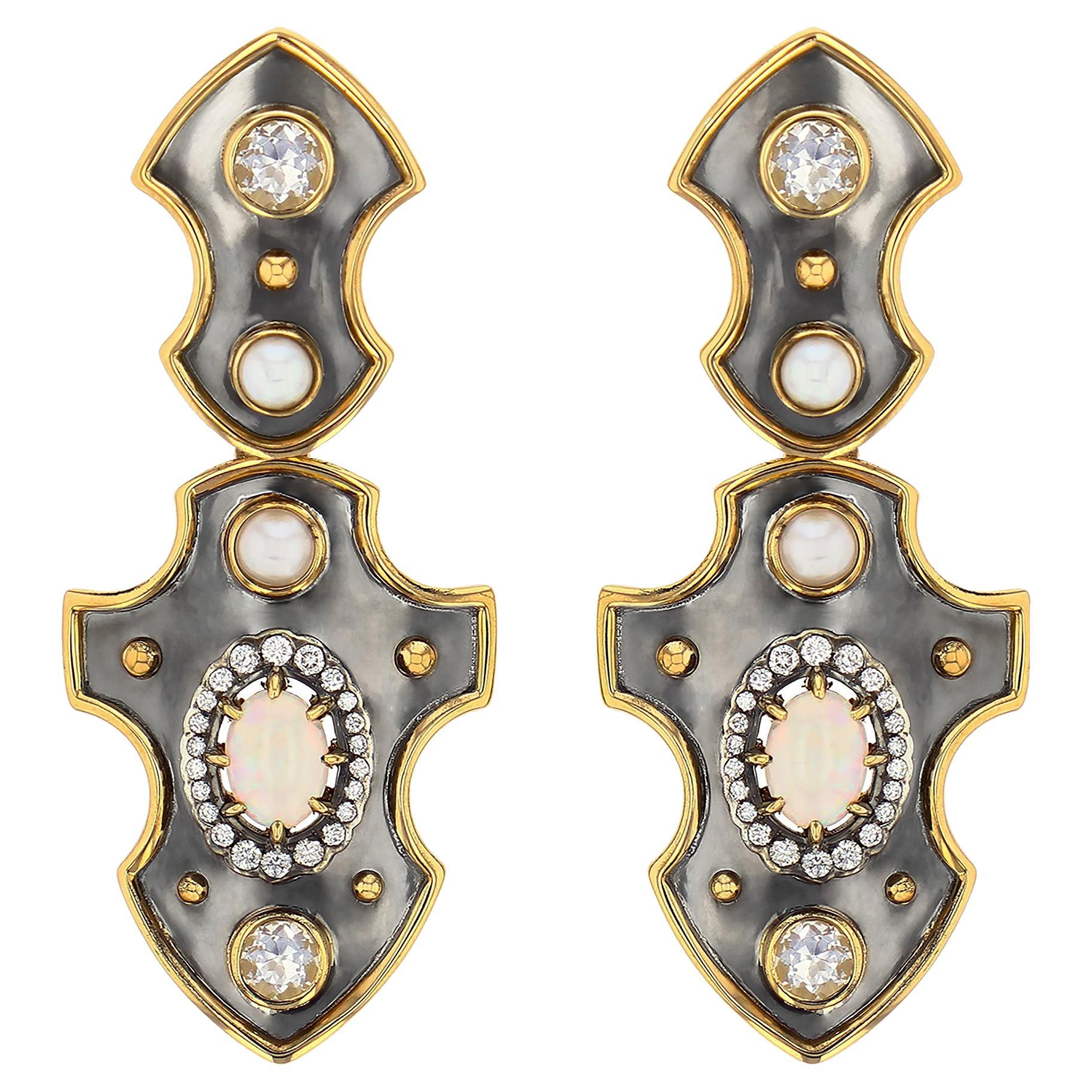 Opal, Topaz and Akoya Pearls Blason Earrings in 18k Yellow Gold by Elie ...
