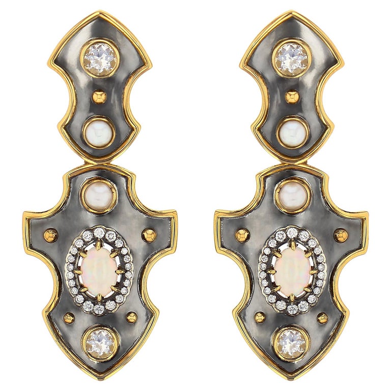 Opal, Topaz and Akoya Pearls Blason Earrings in 18k Yellow Gold by Elie ...