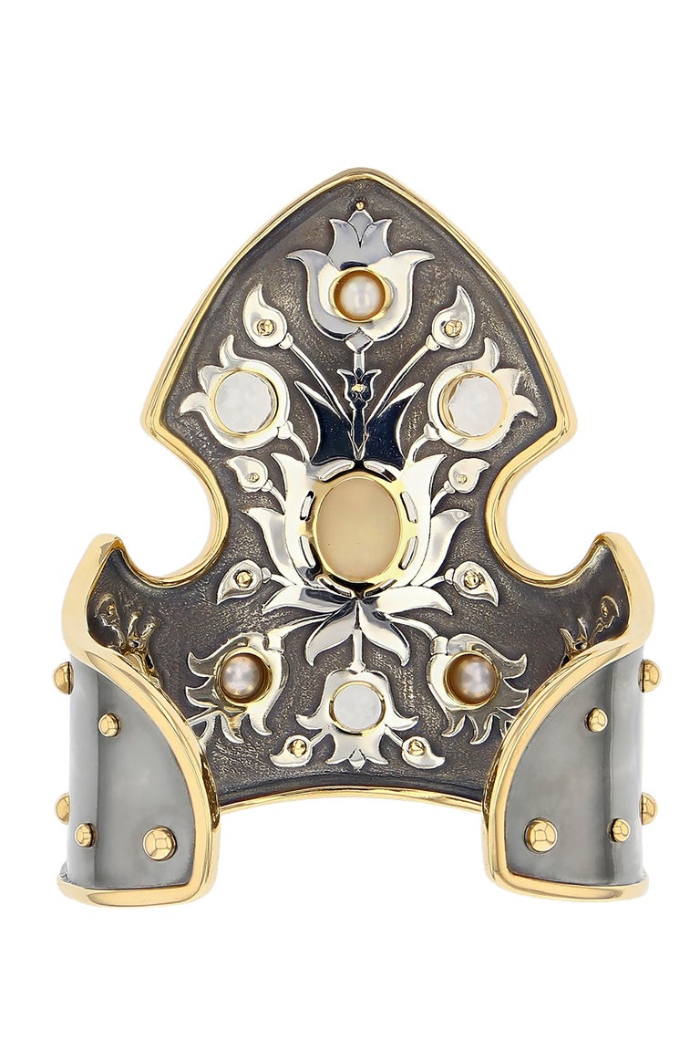 Opal, Topaz and Akoya Pearls Bouclier Cuff in 18k Yellow Gold by Elie ...