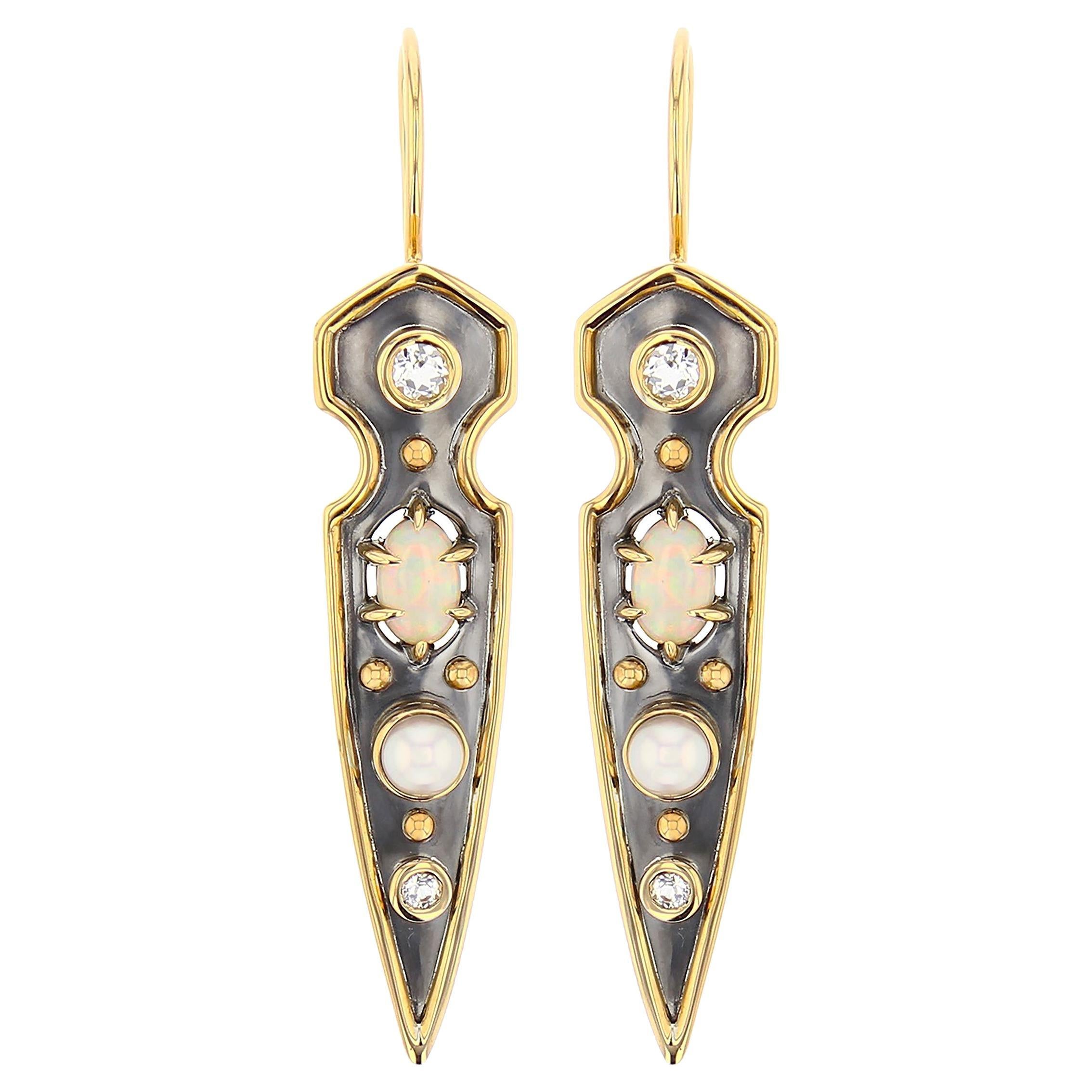 Opal, Topaz and Akoya Pearls Blason Earrings in 18k Yellow Gold by Elie ...