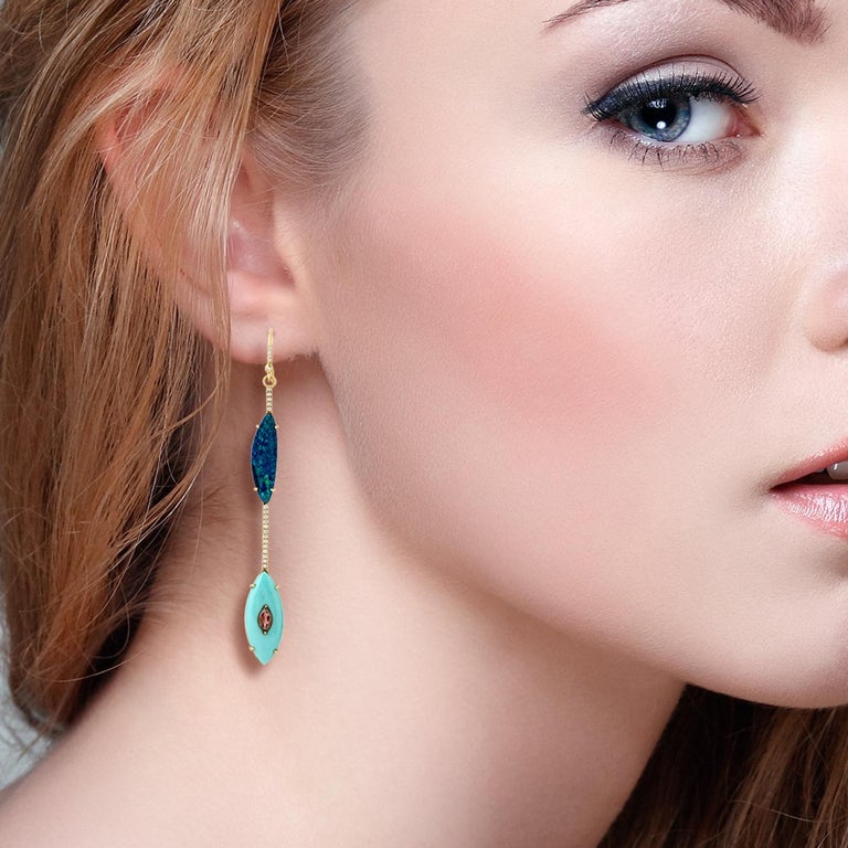 Opal Tourmaline Turquoise Diamond 18 Karat Gold Linear Earrings For ...