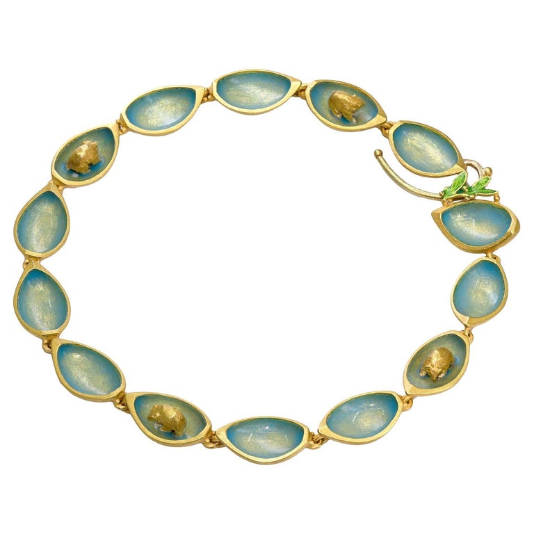 Opalescent Turquoise Blue Enamel 21k Yellow Gold Bears Bracelet, Eva ...