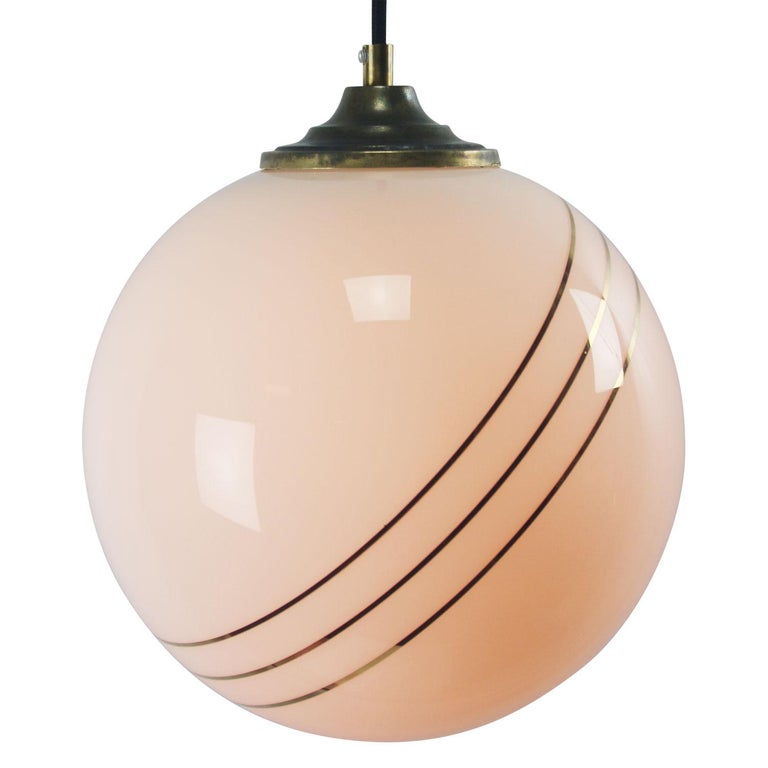 Opaline Glass Gold Striped Vintage European Globe Brass Top Pendant ...