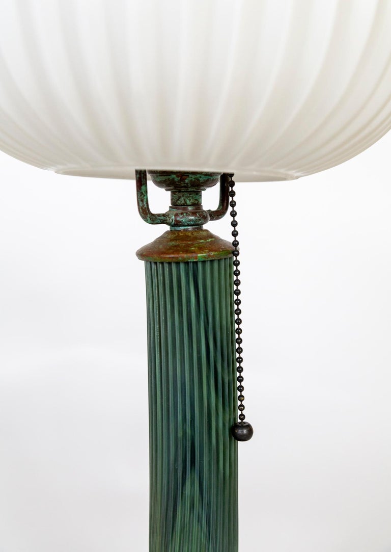 Opaque Green Glass Lindberg Lamp w/ Ribbed Elliptical Shade For Sale at ...