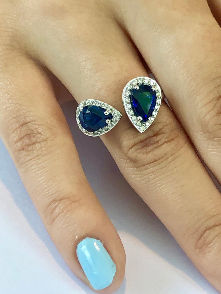 Two Pear Shape Sapphires and Cluster Diamond Open Shank Cocktail Ring ...