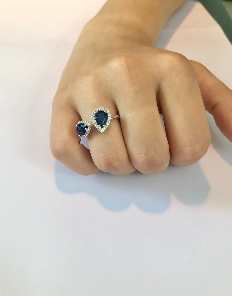 Two Pear Shape Sapphires and Cluster Diamond Open Shank Cocktail Ring ...