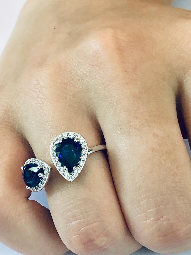Two Pear Shape Sapphires and Cluster Diamond Open Shank Cocktail Ring ...