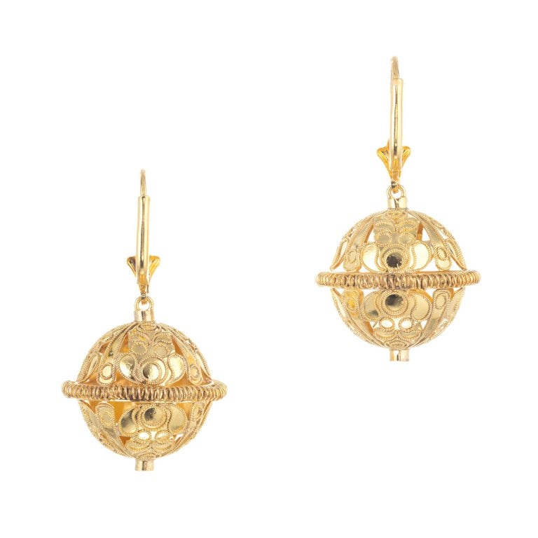 Open Work Yellow Gold Ball Dangle Earrings For Sale at 1stDibs