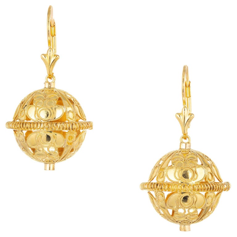 Open Work Yellow Gold Ball Dangle Earrings For Sale at 1stDibs