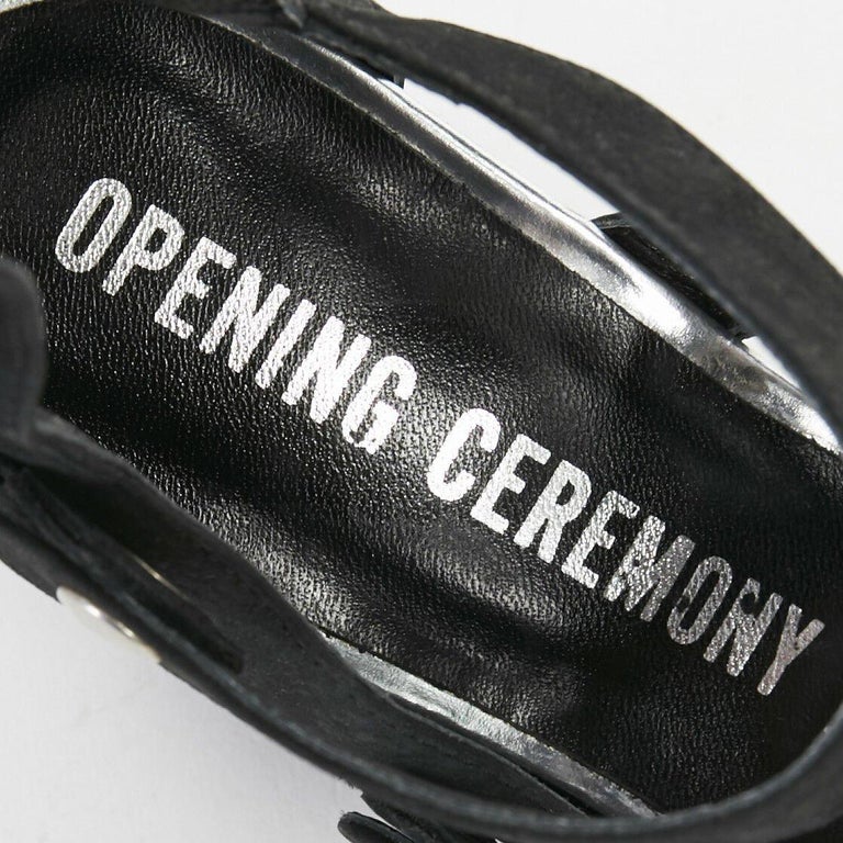 OPENING CEREMONY black leather strappy snap button wedge sandal shoes ...