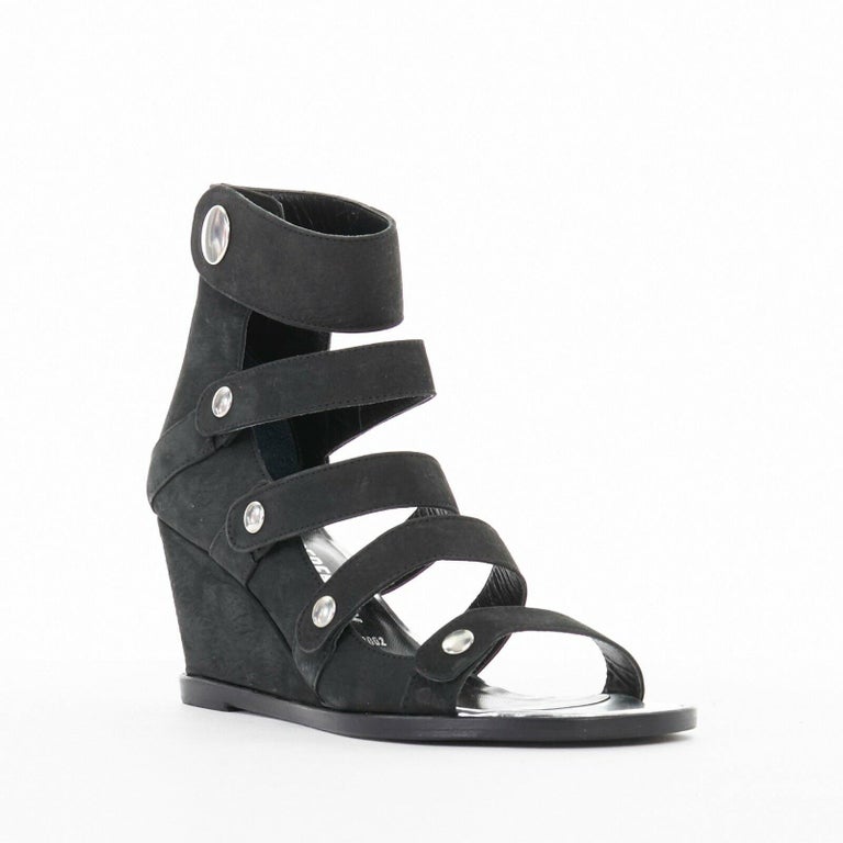 OPENING CEREMONY black leather strappy snap button wedge sandal shoes ...