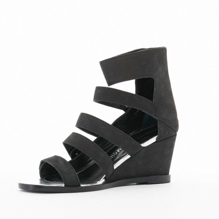 OPENING CEREMONY black leather strappy snap button wedge sandal shoes ...