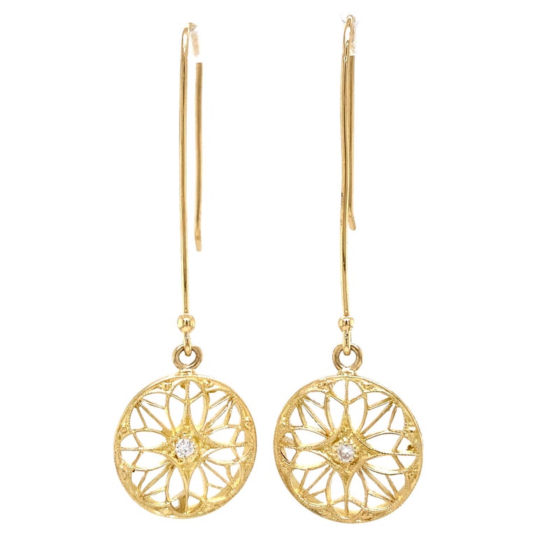 Openwork Disc Earrings on Long Wires w Diamond Accents in 18 Karat ...