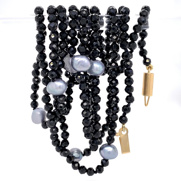 Opera Length Black Spinel Necklace with Grey Freshwater Pearls and Gold ...