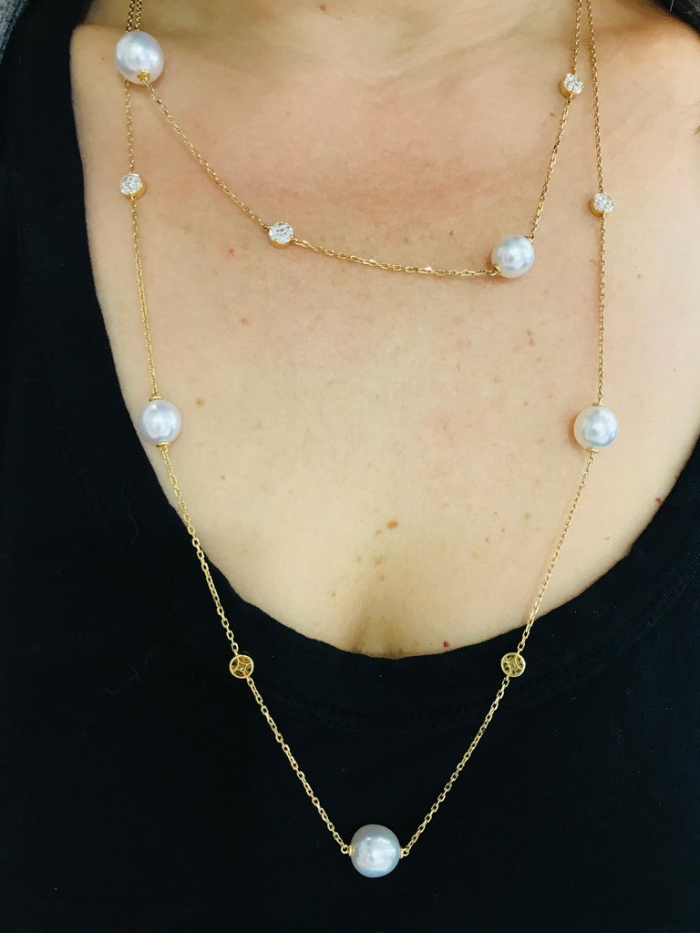 Opera Length Pearl and Diamond Gold Chain Necklace For Sale at 1stDibs
