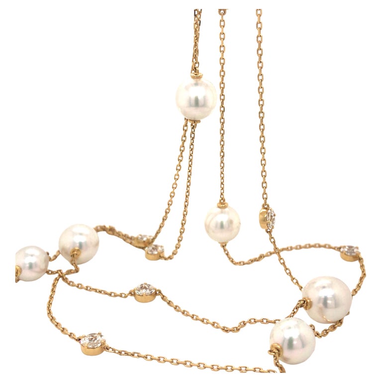 Opera Length Pearl and Diamond Gold Chain Necklace For Sale at 1stDibs