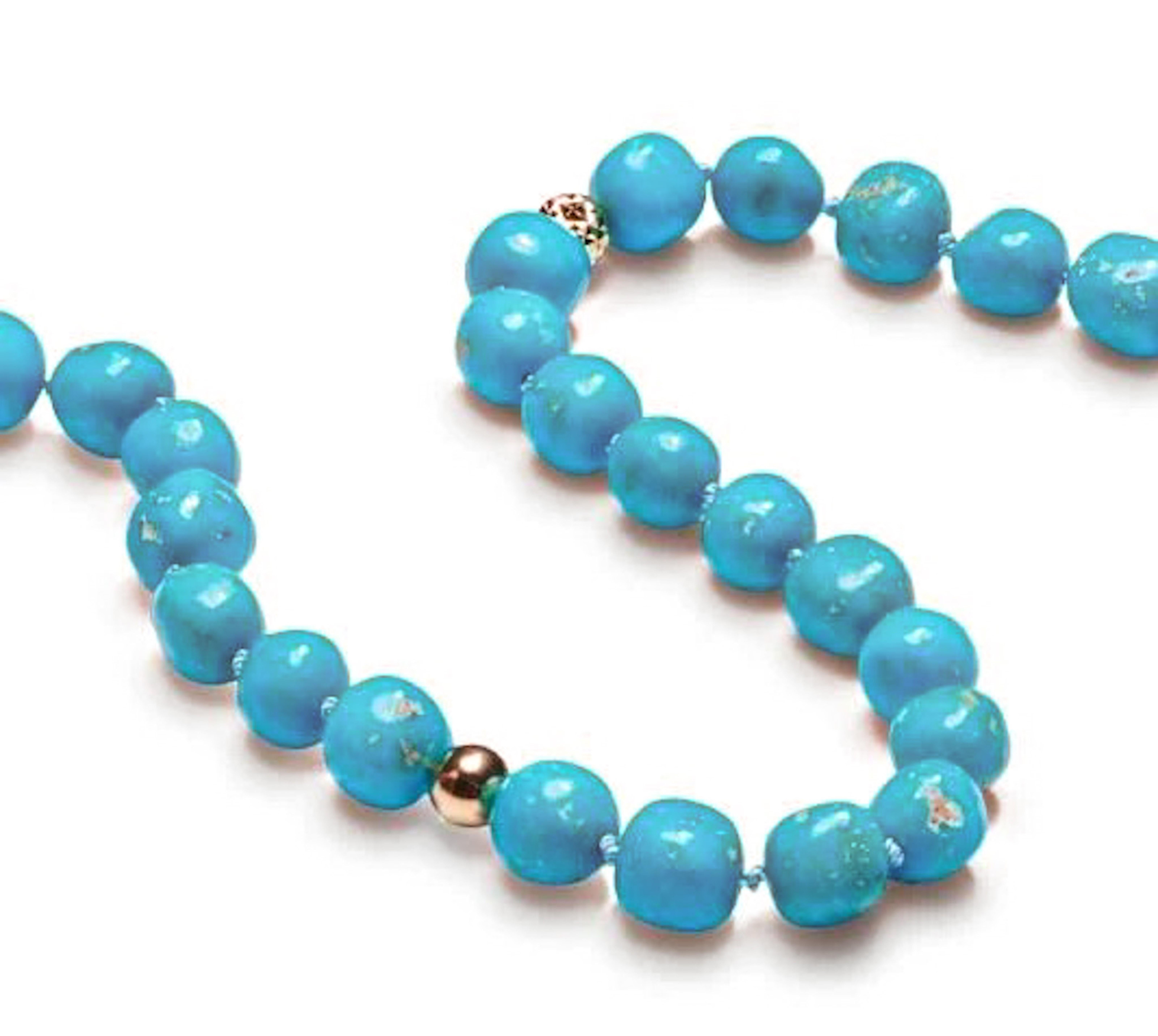 220 Carat Sleeping Beauty Turquoise Beaded Necklace in 14K Yellow Gold ...