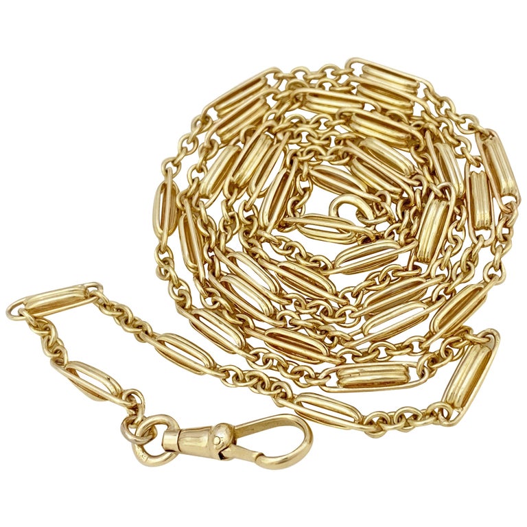 Opera Length Yellow Gold Trombone Fetter and Link Chain with Dog Clip ...