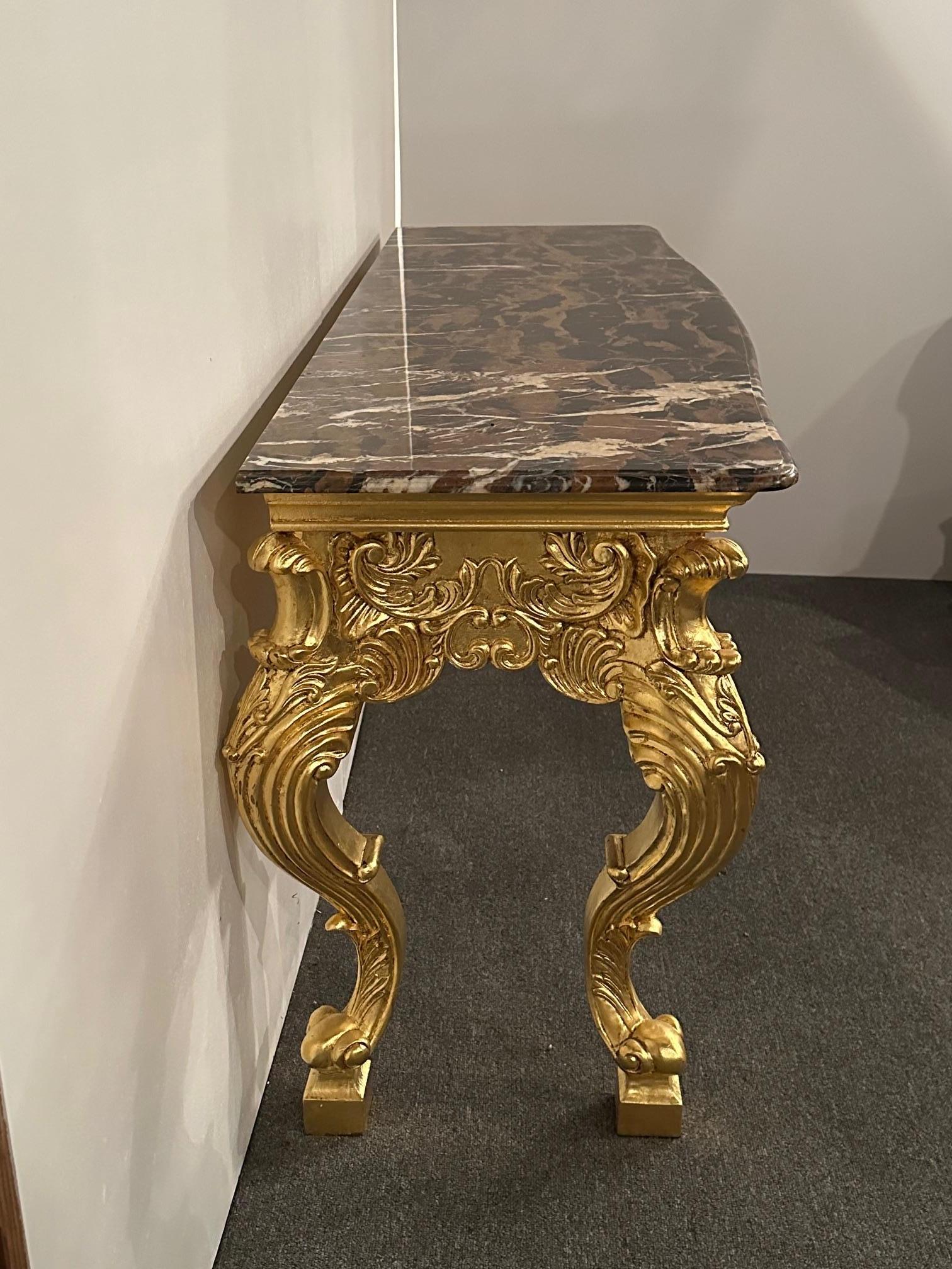 Opulent Pair of Italian Rococo 24 Carat Gilded Wood Consoles with ...