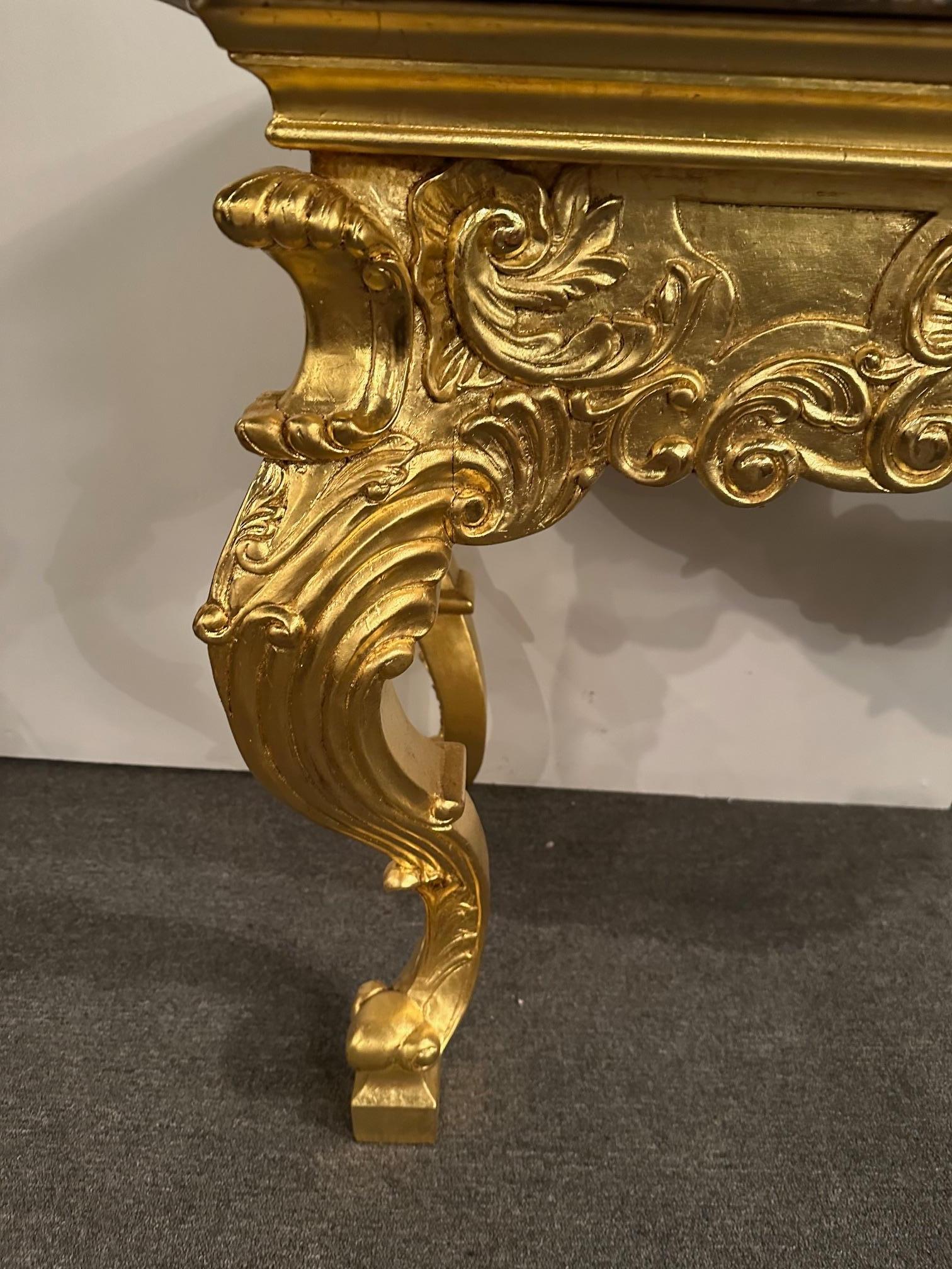Opulent Pair of Italian Rococo 24 Carat Gilded Wood Consoles with ...