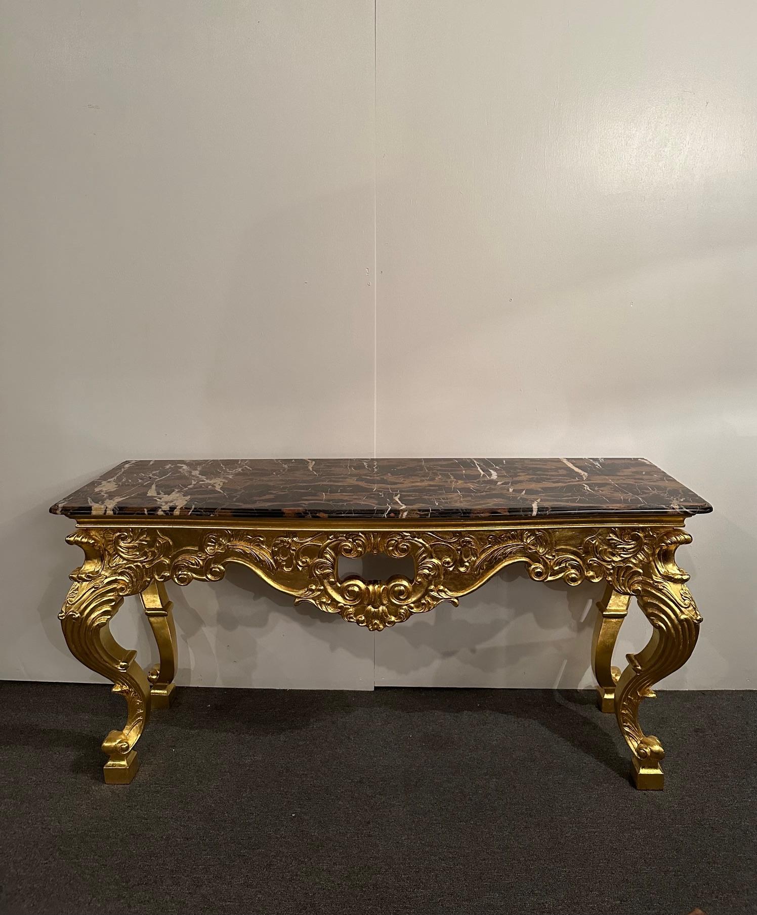 Opulent Pair of Italian Rococo 24 Carat Gilded Wood Consoles with ...