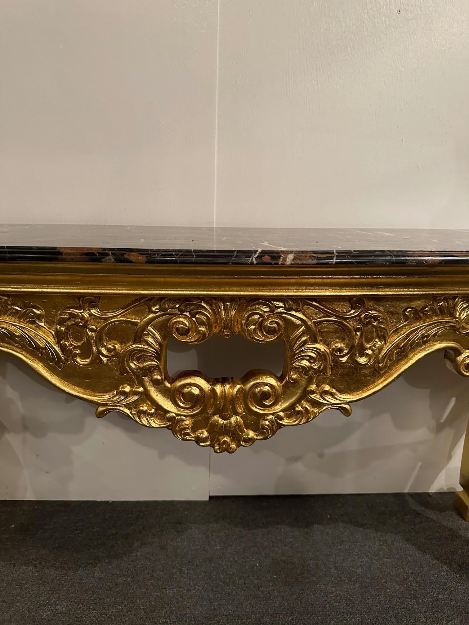 Opulent Pair of Italian Rococo 24 Carat Gilded Wood Consoles with ...