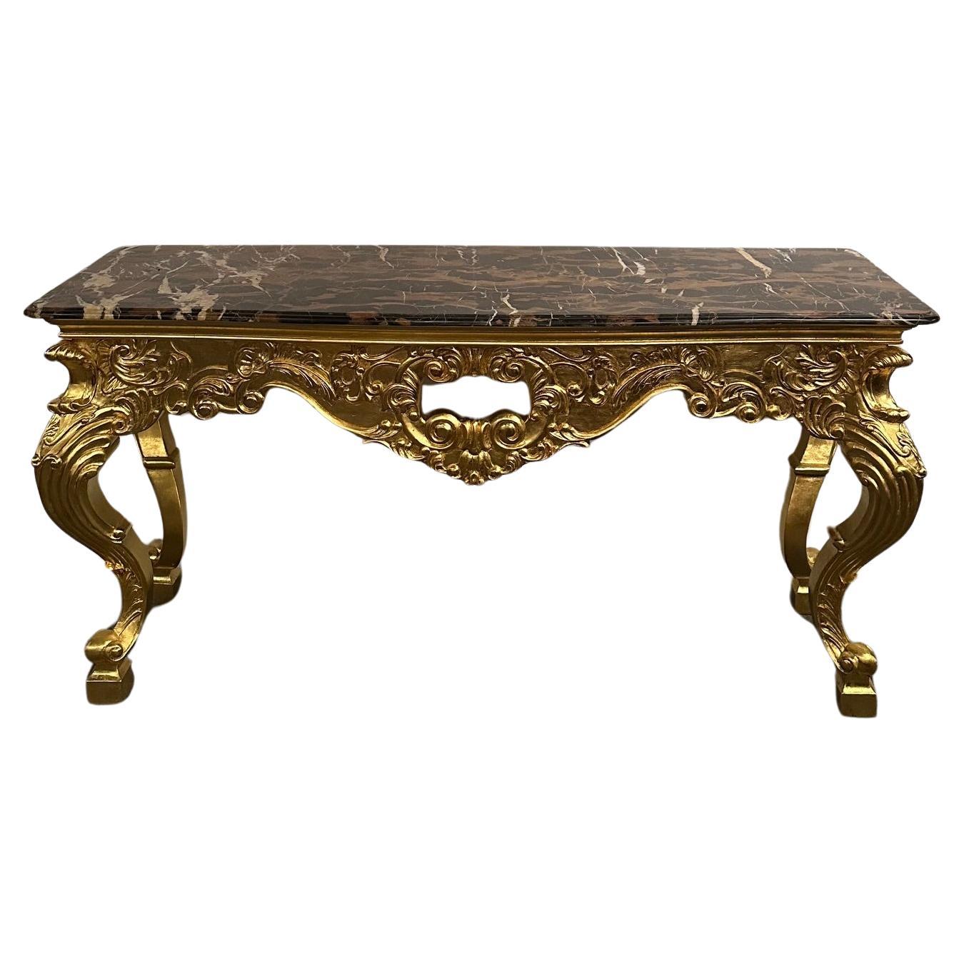 Opulent Pair of Italian Rococo 24 Carat Gilded Wood Consoles with ...