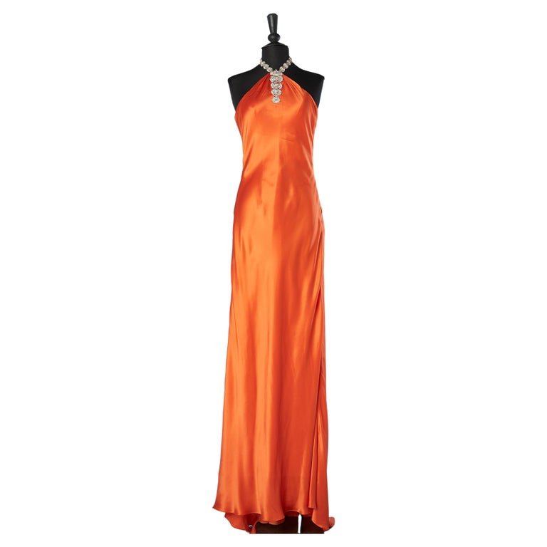 Orange backless evening dress with rhinestone neckless For Sale at 1stDibs