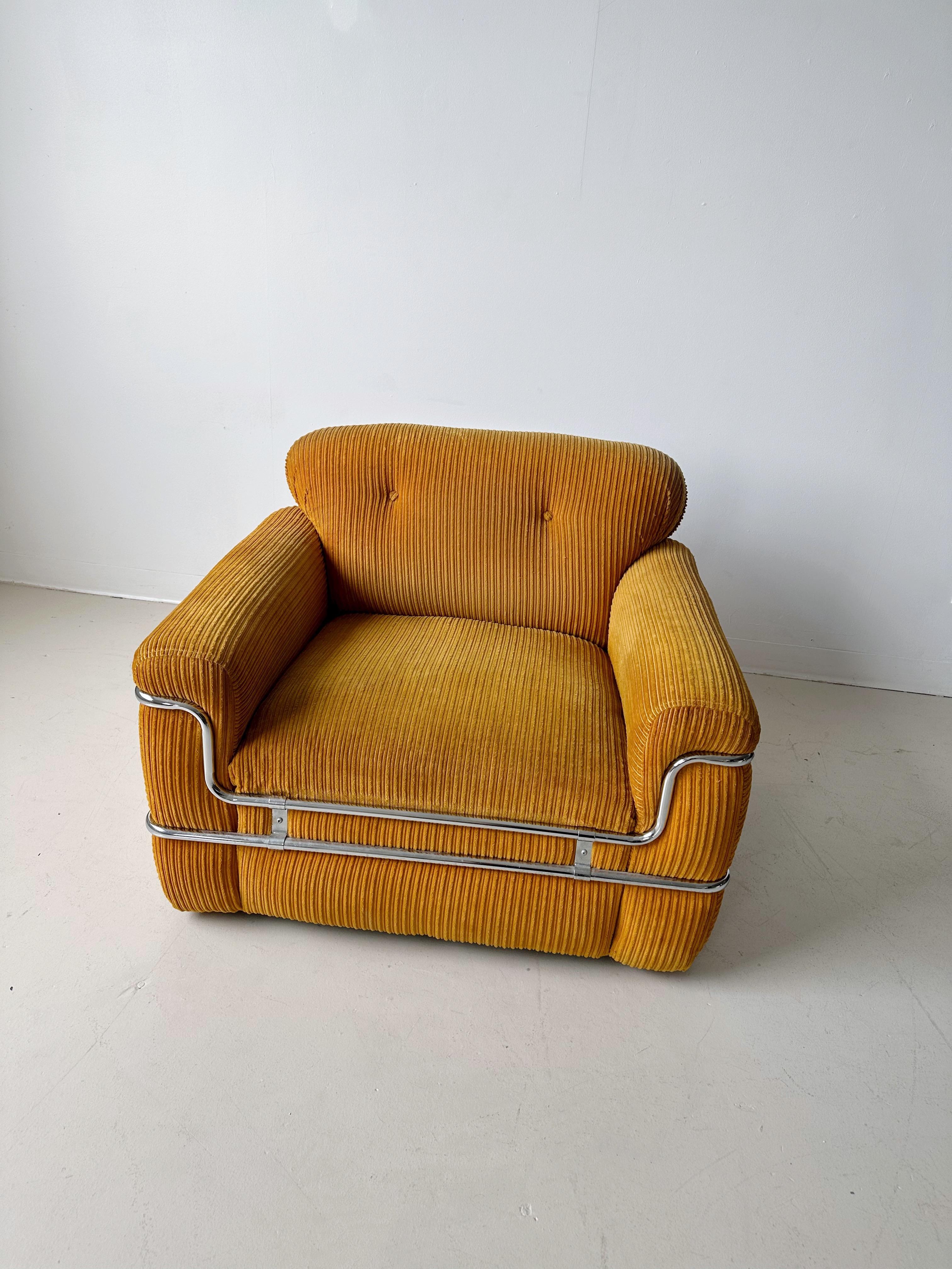 Orange Corduroy Armchair With Chrome Structure, 70's For Sale at 1stDibs