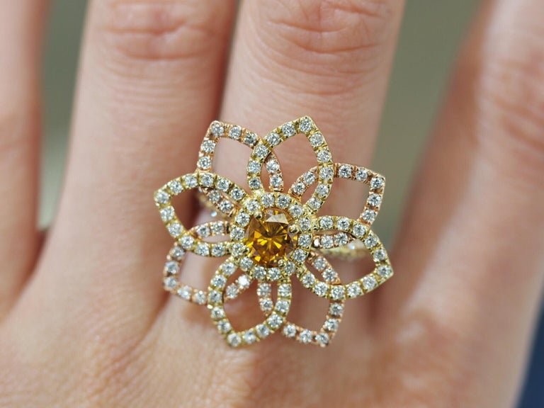 Orange Diamond in Custom Made Flower Ring For Sale at 1stDibs