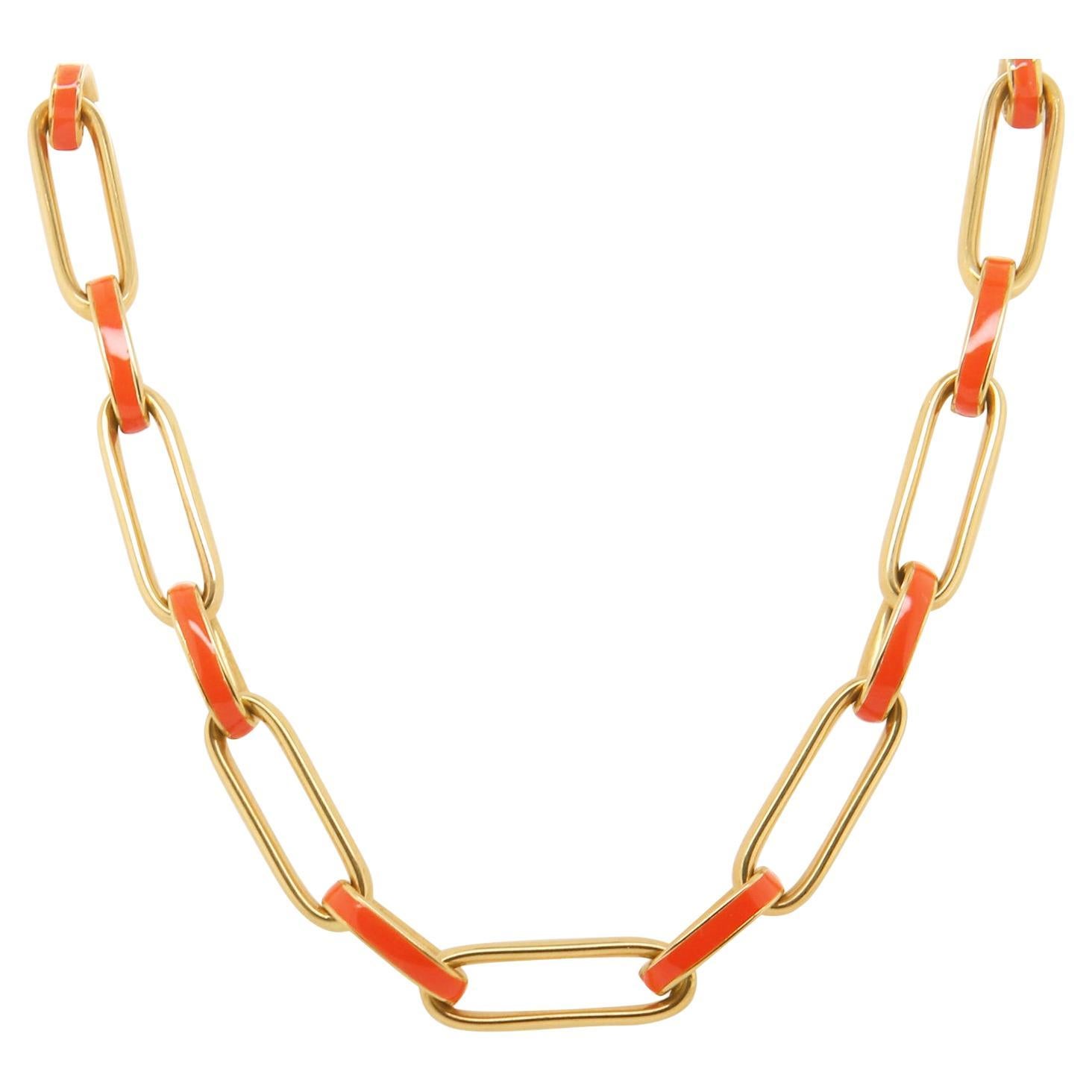 Orange Enamel Boxy Link Chain Necklace 14k Yellow Gold For Sale at 1stDibs