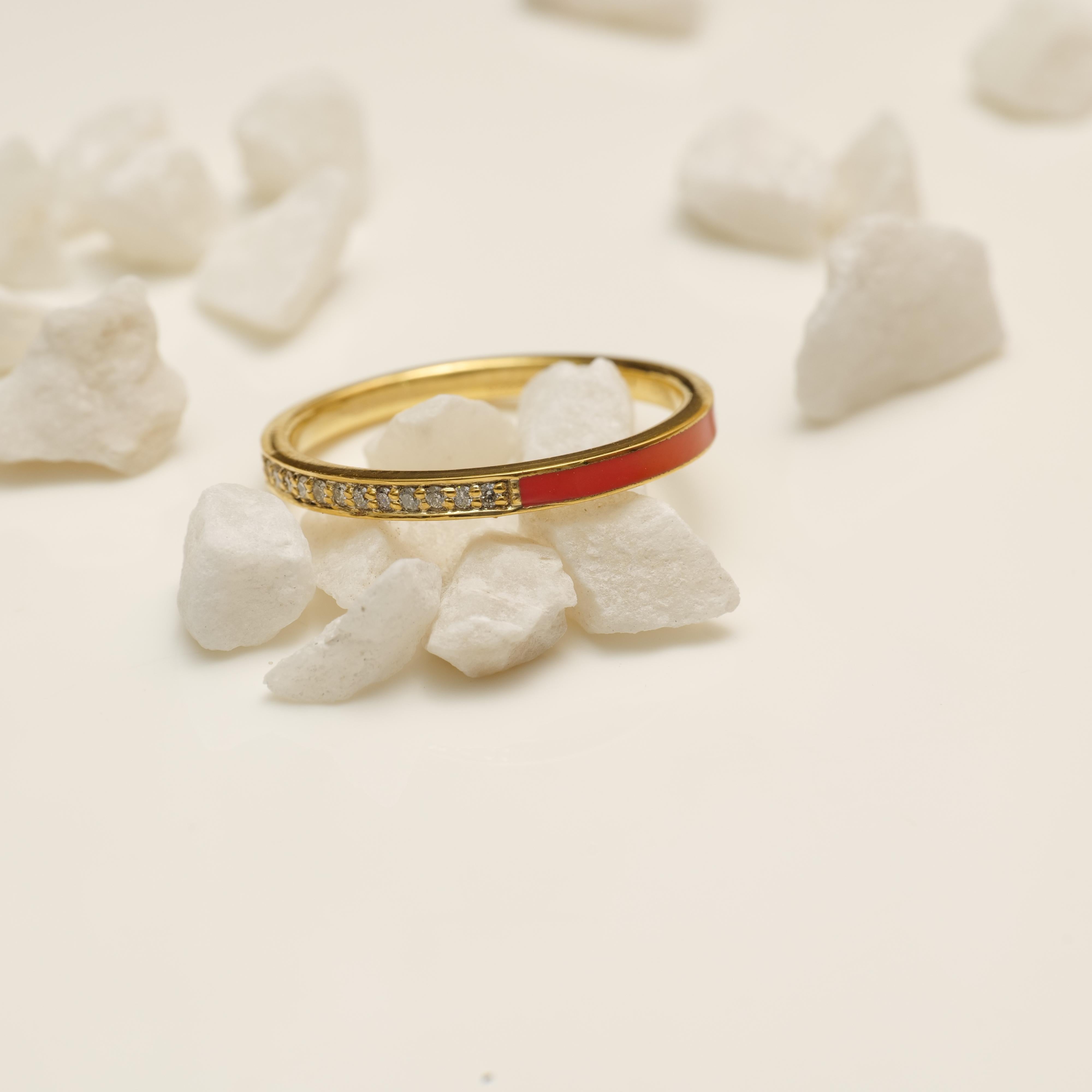 Customizable Orange Enameled Diamond Band Ring set in 18k Solid Gold ...