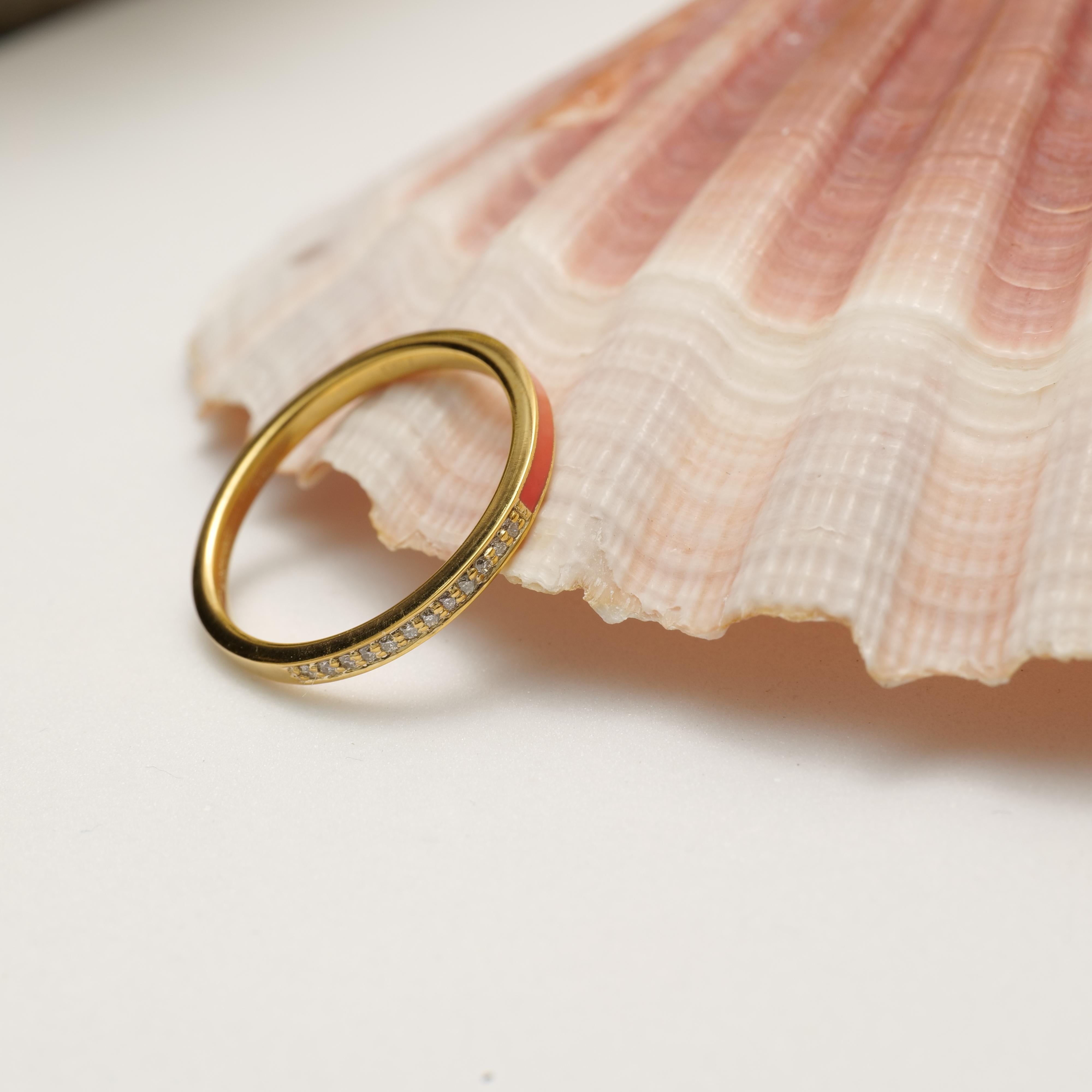 Customizable Orange Enameled Diamond Band Ring set in 18k Solid Gold ...