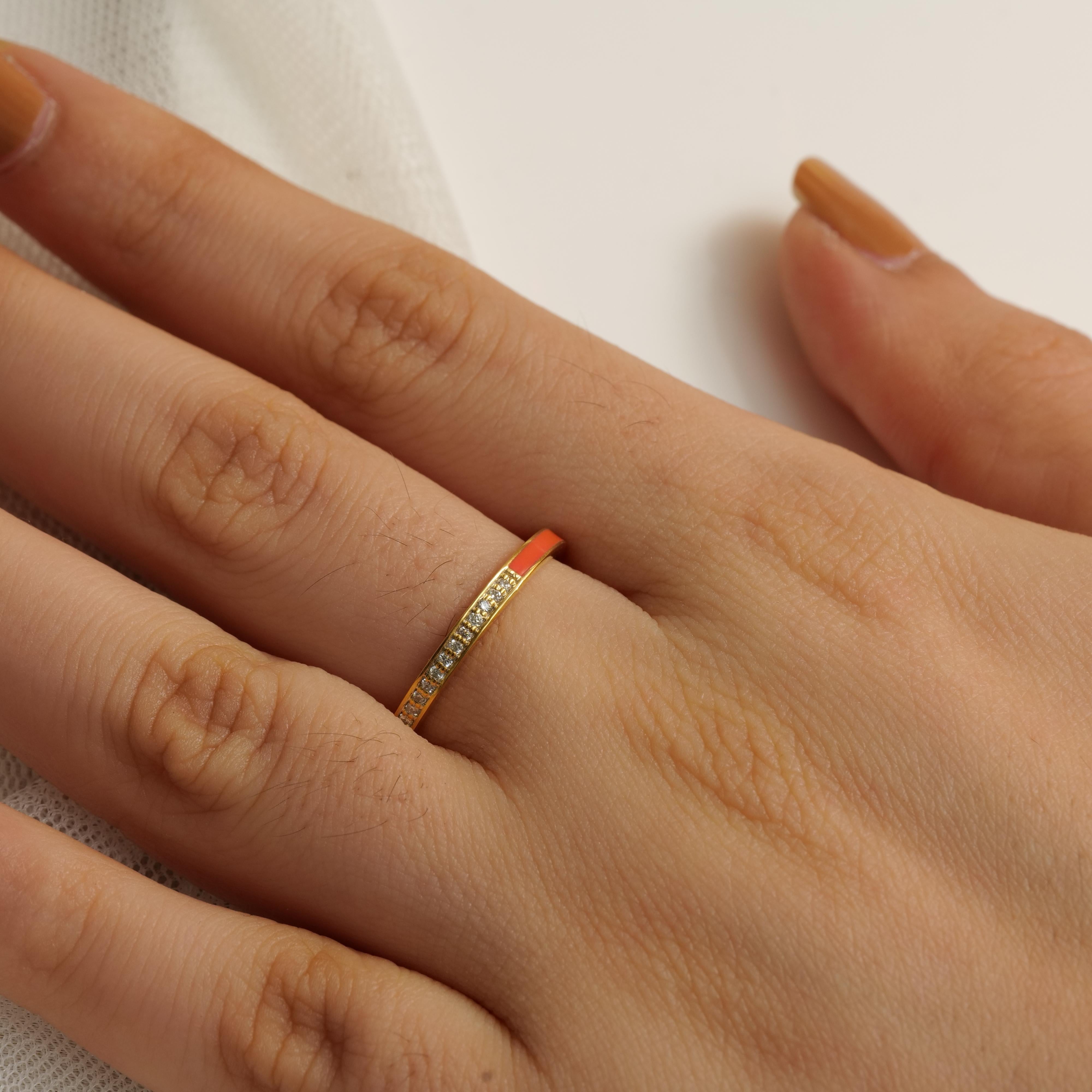 Customizable Orange Enameled Diamond Band Ring set in 18k Solid Gold ...