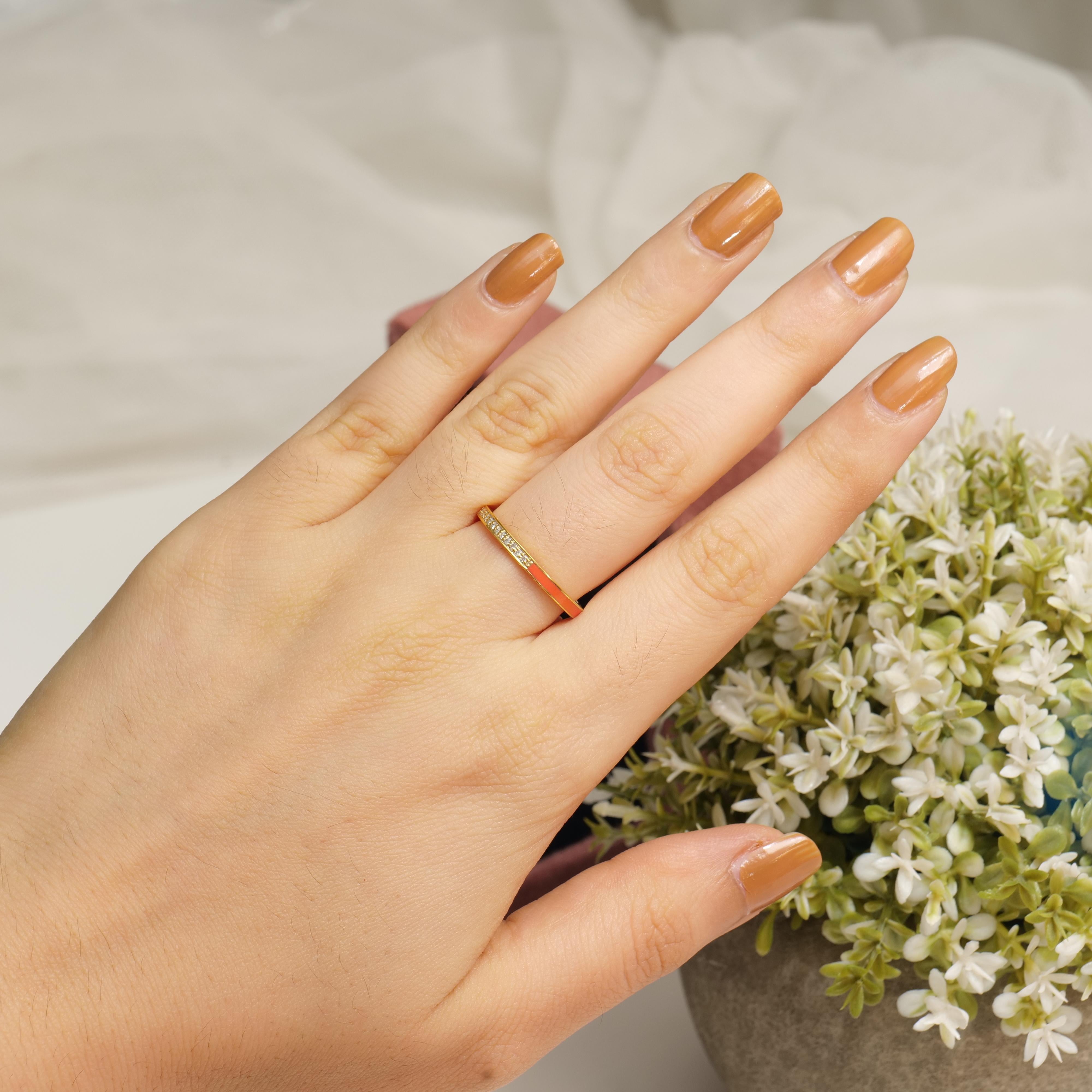 Customizable Orange Enameled Diamond Band Ring set in 18k Solid Gold ...