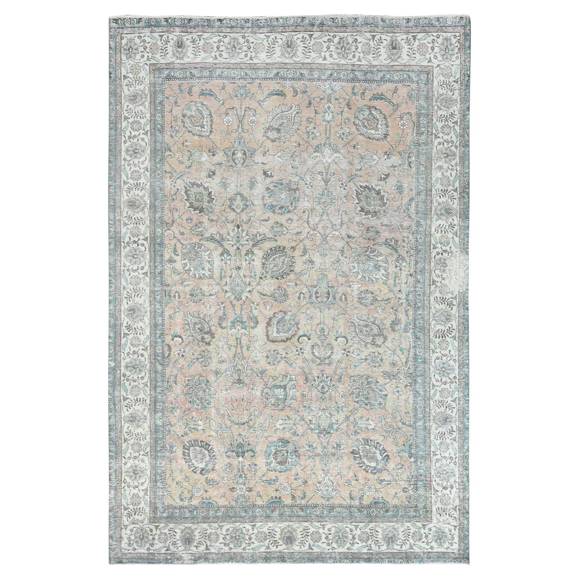 Ivory Distressed Shabby Chic Worn Wool Hand Knotted Vintage Persian ...