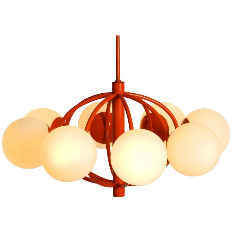Orange "Kaiser" Metal Ceiling Lamp with Eight Opal Glass Balls Space ...