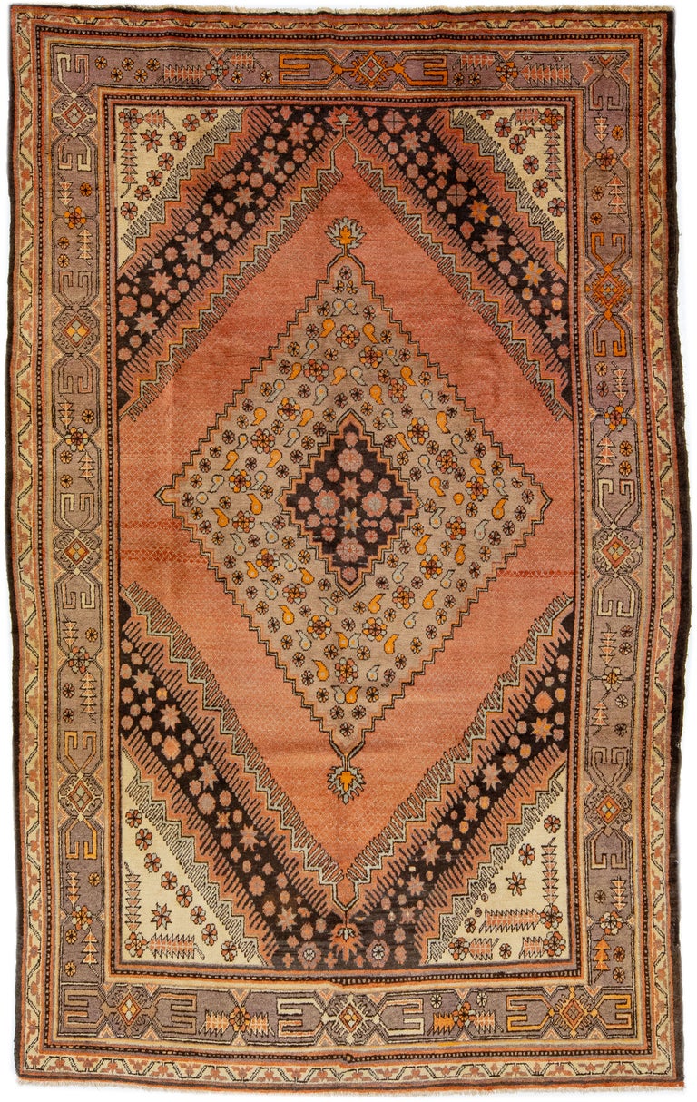 Orange Mid-Century Vintage Samarkand Handmade Medallion Motif Wool Rug ...