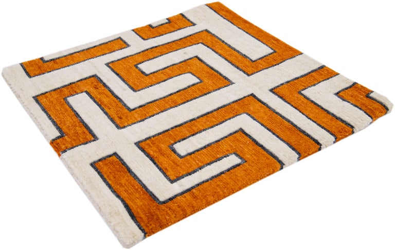 Orange Modern Handmade Geometric Custom Wool Rug For Sale at 1stDibs
