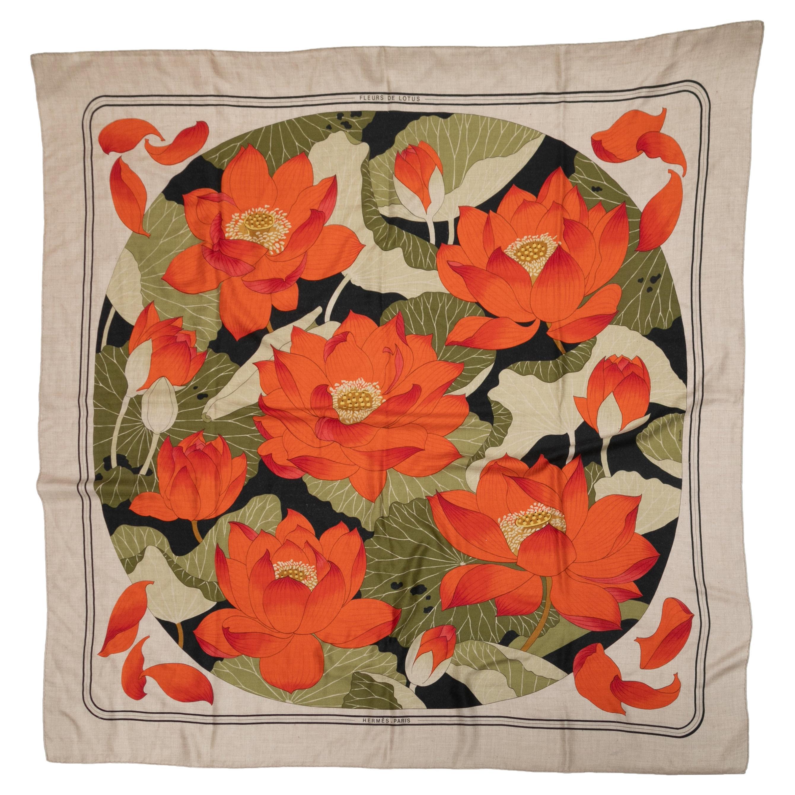 Orange and Multicolor Hermes Fleurs De Lotus Scarf For Sale at 1stDibs