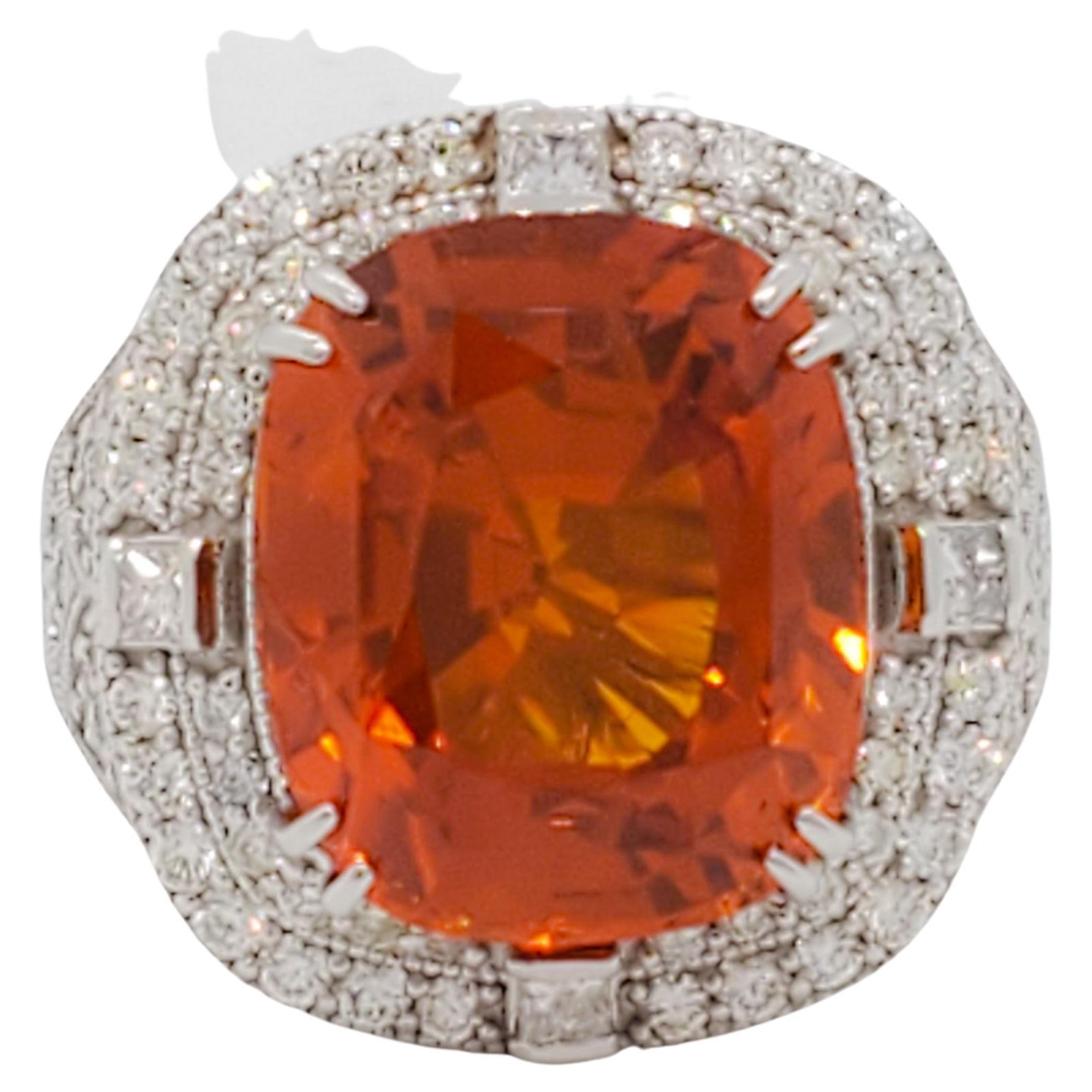 GIA Orange Sapphire and White Diamond Cocktail Ring in 18k White Gold ...