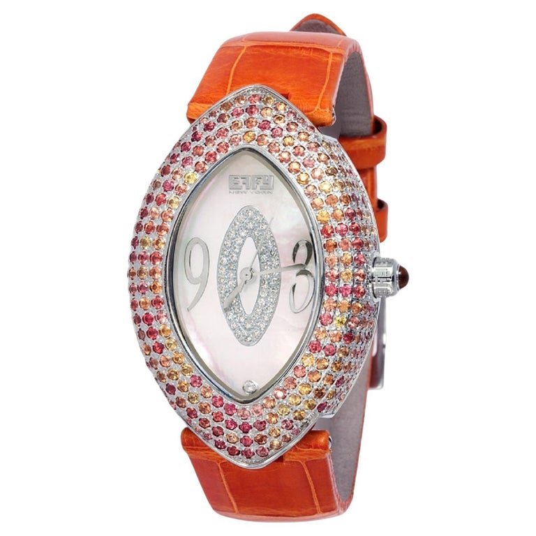 Orange Sapphire and Diamond Pave Dial Luxury Swis Quartz Exotic Leather ...