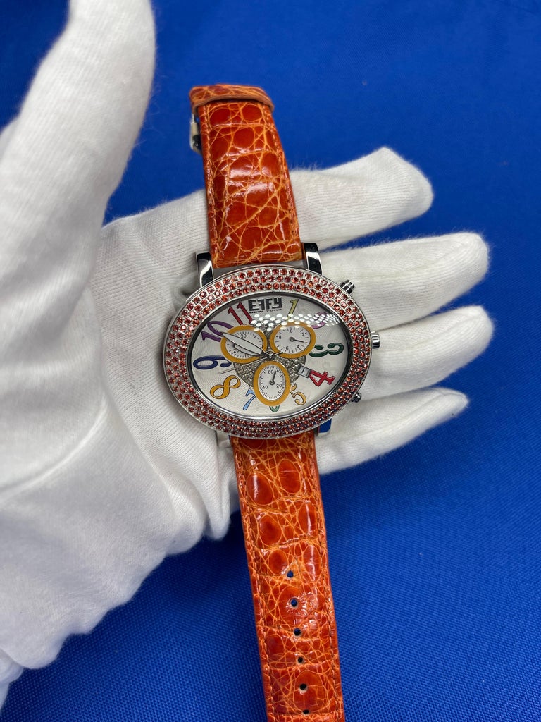 Orange Sapphire Diamonds Pave Dial Luxury Swiss Quartz Exotic Leather ...