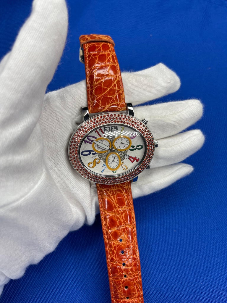 Orange Sapphire Diamonds Pave Dial Luxury Swiss Quartz Exotic Leather ...