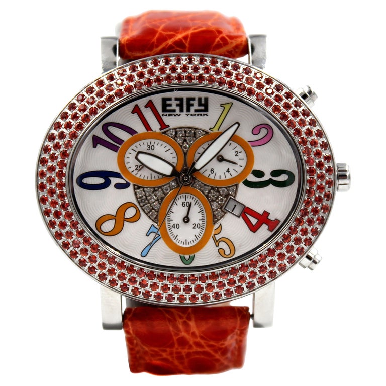 Orange Sapphire Diamonds Pave Dial Luxury Swiss Quartz Exotic Leather ...