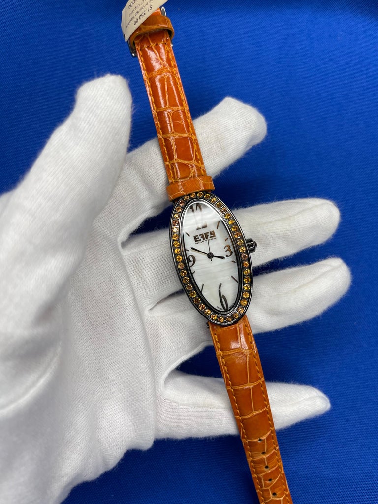 Orange Sapphires Pave Dial Luxury Swiss Quartz Exotic Leather Band ...