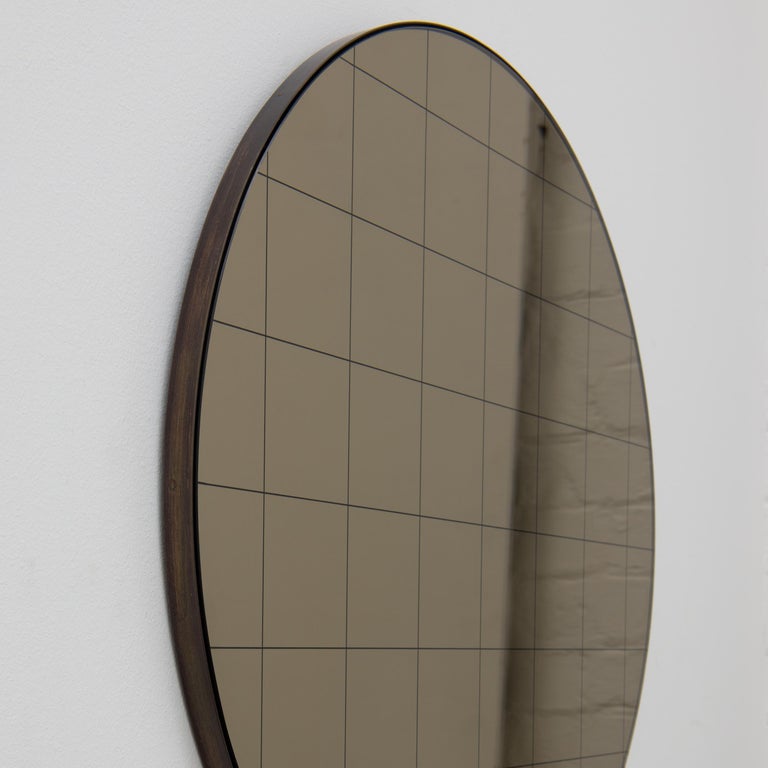 Orbis Bronze Round Mirror with Etched Grid and Patina Frame, Custom ...