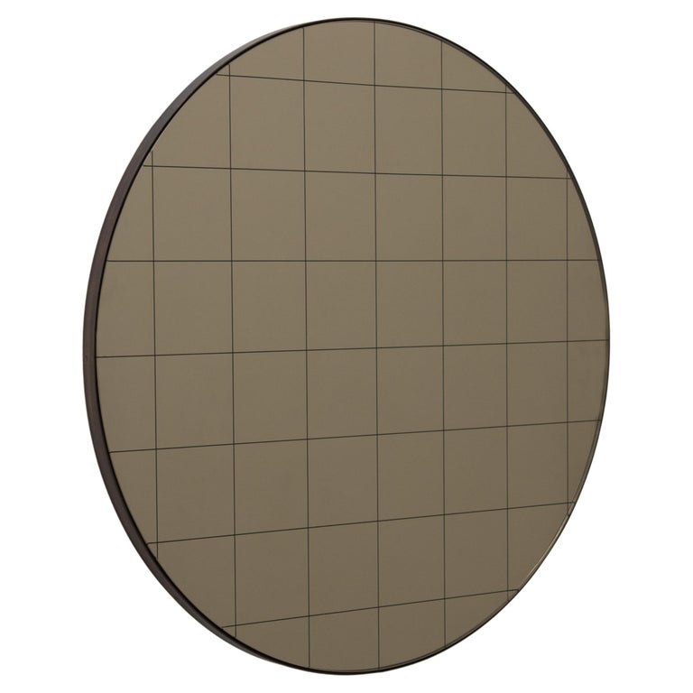 Orbis Bronze Round Mirror with Etched Grid and Patina Frame, Custom ...