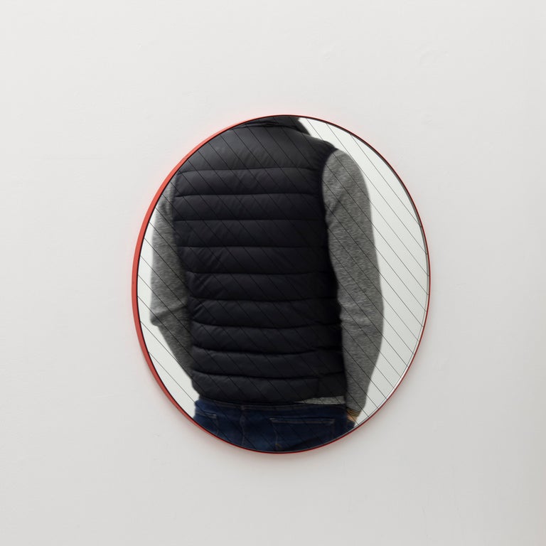 Orbis Linus Circular Contemporary Mirror with Etched Strips and Red ...