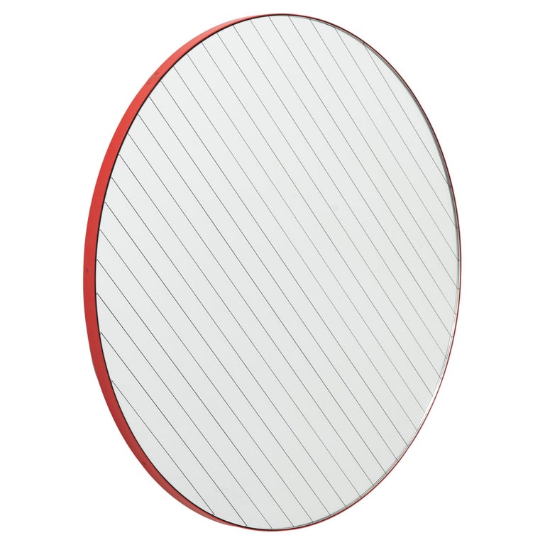 Orbis Linus Round Contemporary Mirror with Etched Strips and a Red ...
